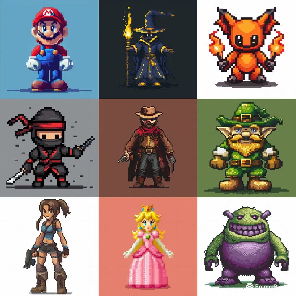 Pixelated Video Game Characters 8-bits Midjourney Prompt | PromptBase