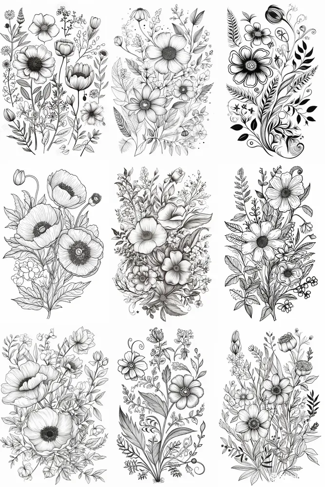 Embroidery Flowers Coloring Pages Midjourney Prompt | PromptBase