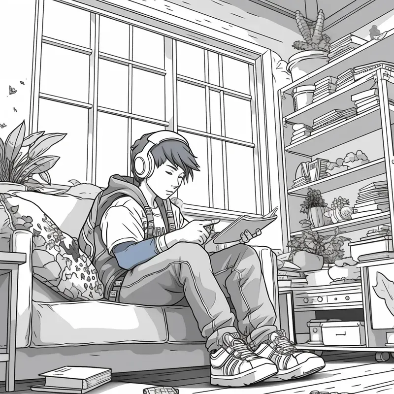 Lofi Music Animated Teen Coloring Pages Midjourney Prompt | PromptBase
