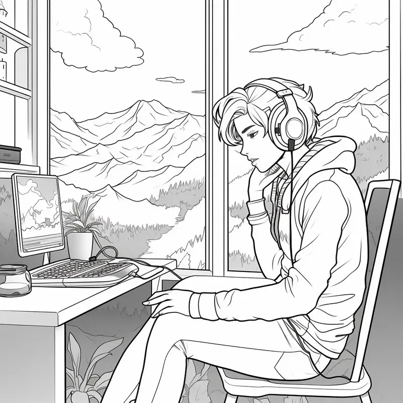 Lofi Music Animated Teen Coloring Pages Midjourney Prompt | PromptBase