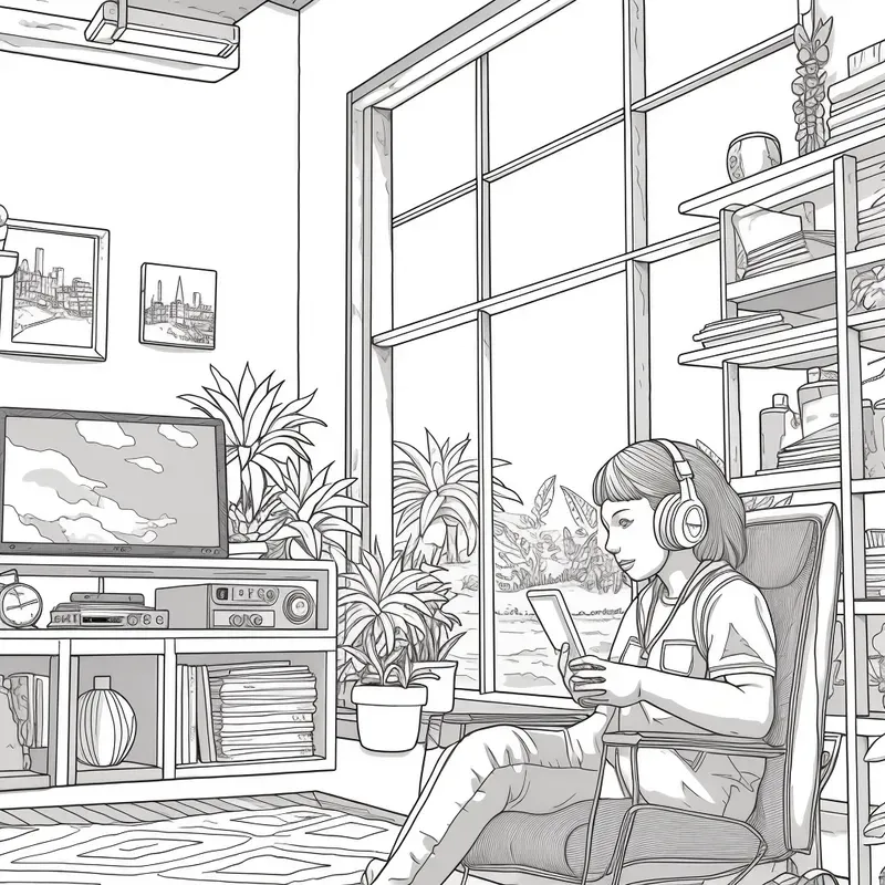 Lofi Music Animated Teen Coloring Pages Midjourney Prompt | PromptBase