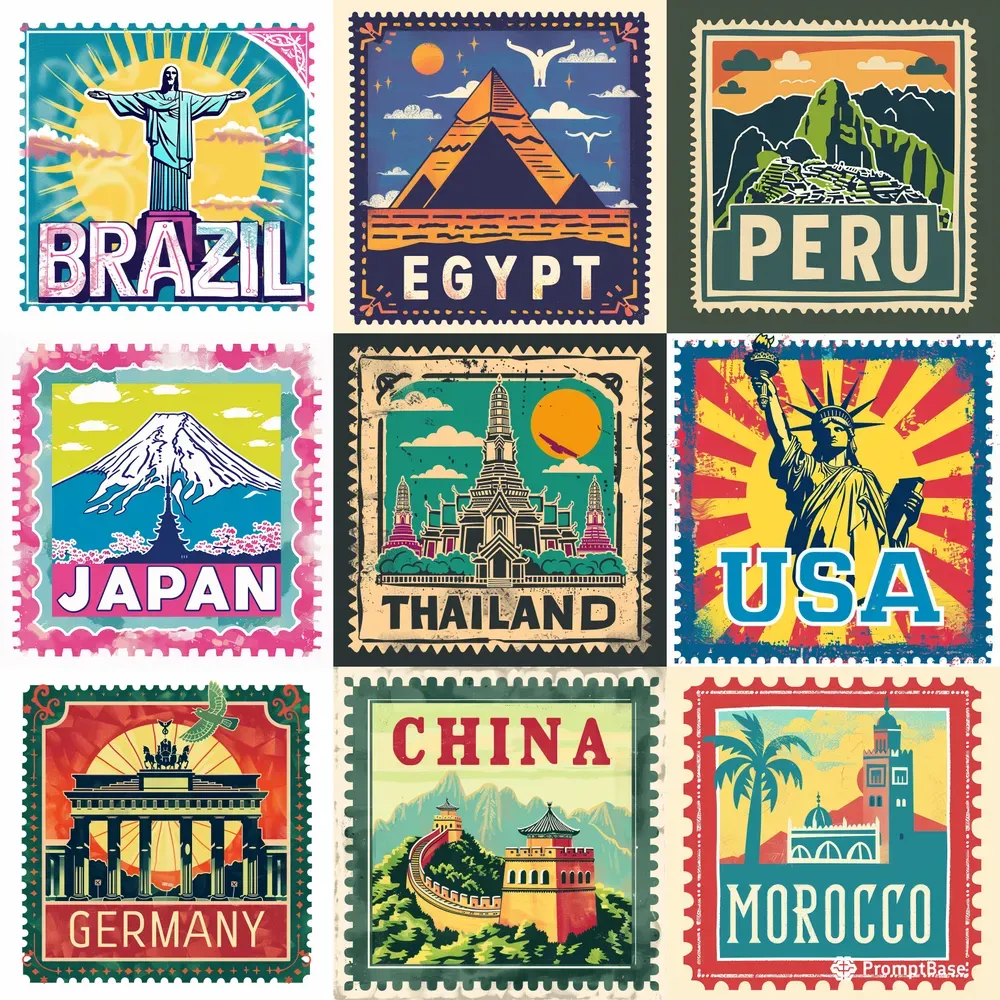 Travel Vintage Postage Stamps Midjourney Prompt | PromptBase