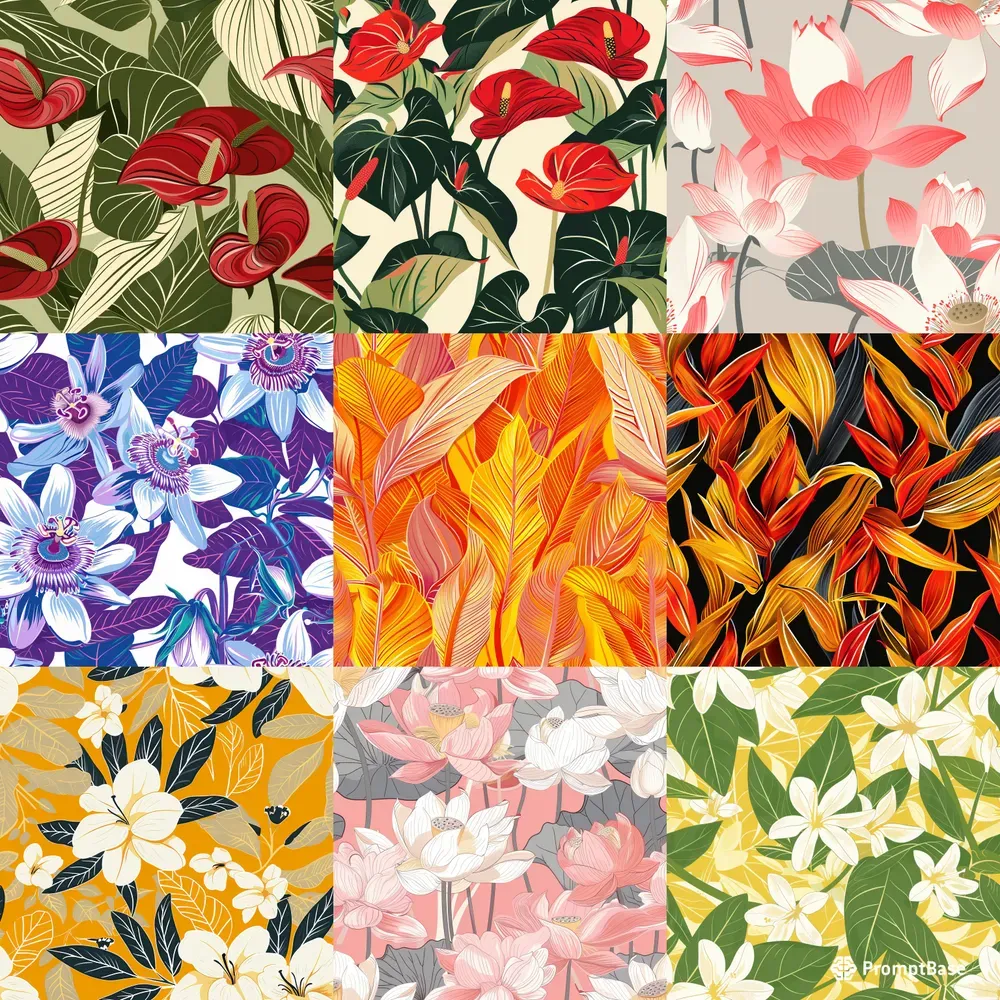 Vibrant Vintage Tropical Floral Patterns Midjourney Prompt | PromptBase