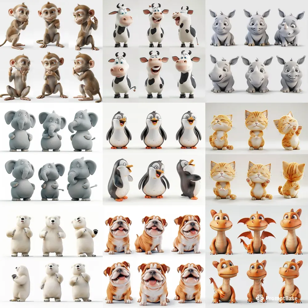 Pixar Animals Various Poses Midjourney Prompt | PromptBase