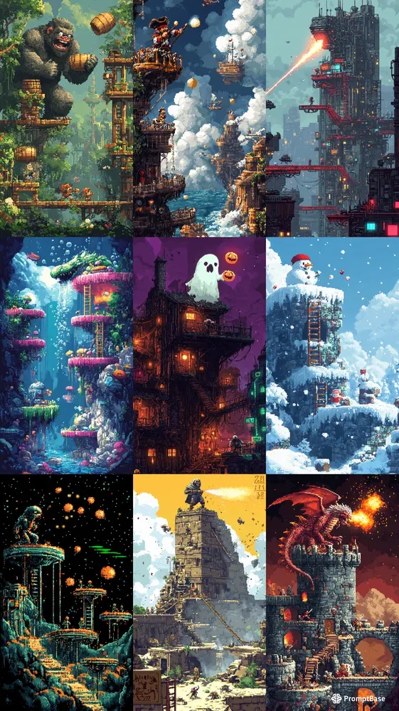 Retro Arcade Game Pixel Art Concepts Midjourney Prompt | PromptBase