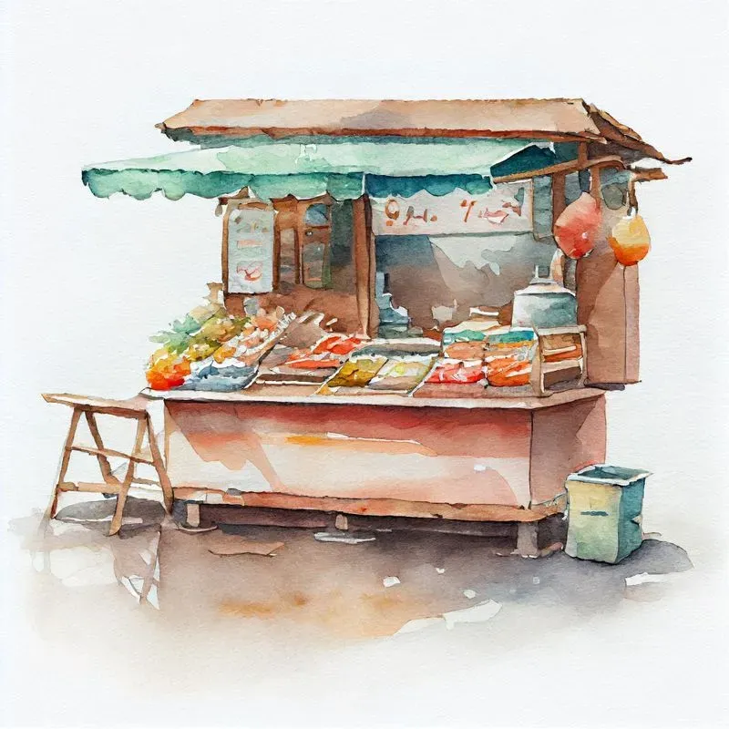 Watercolor Painting Stalls Midjourney Prompt | PromptBase