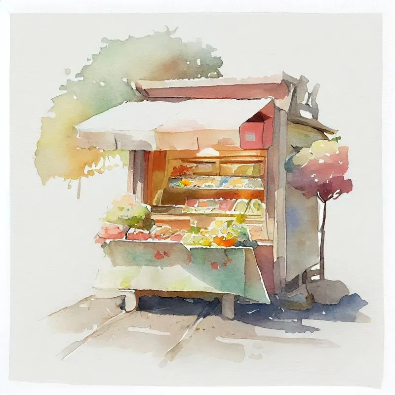 Watercolor Painting Stalls Midjourney Prompt | PromptBase