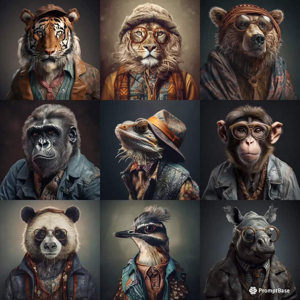 Hippie Animals Portraits Midjourney Prompt | PromptBase