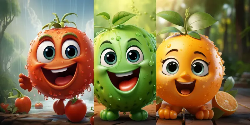Emotional Cartoon Fruits And Vegetables Midjourney Prompt | PromptBase