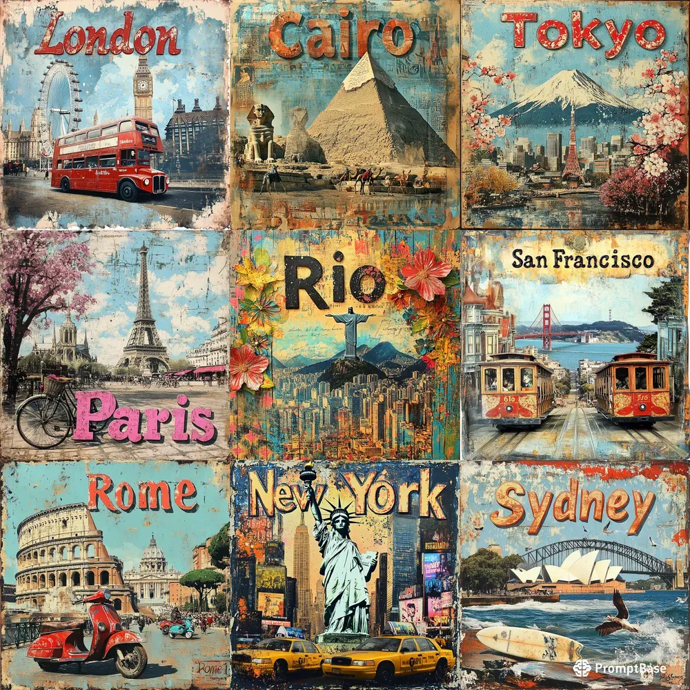 Vintage Travel Collage Posters With Titles Midjourney Prompt | PromptBase