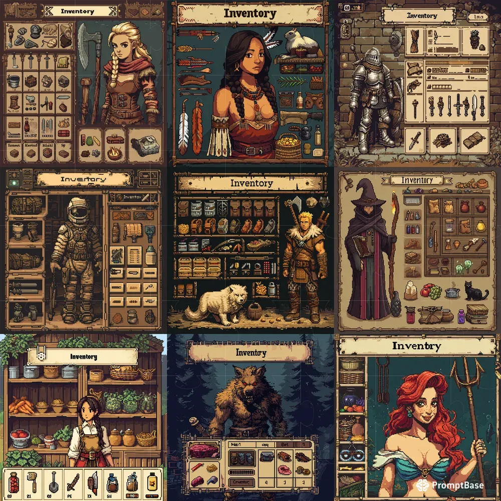 Pixel Art Game Inventory Tab Designs Midjourney Prompt | PromptBase