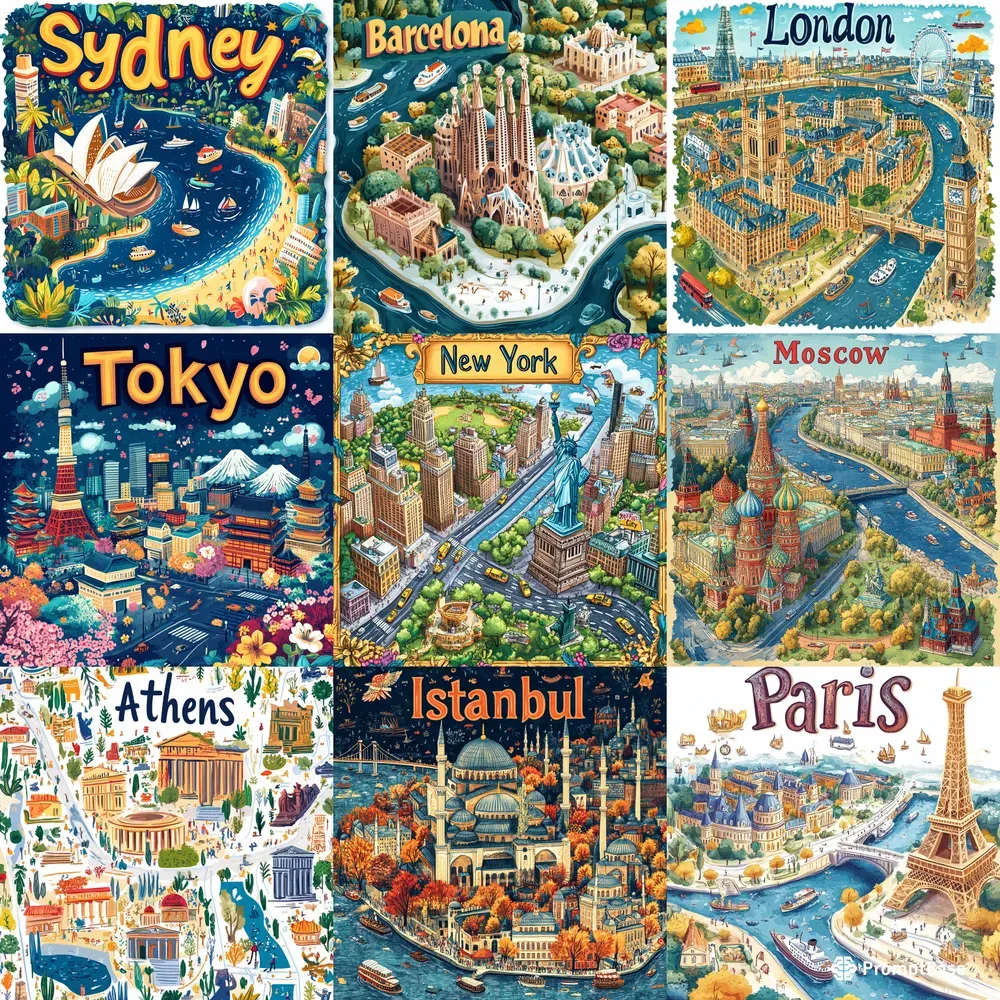 Colorful Maps Of Landmarks For Kids Books Midjourney Prompt | PromptBase