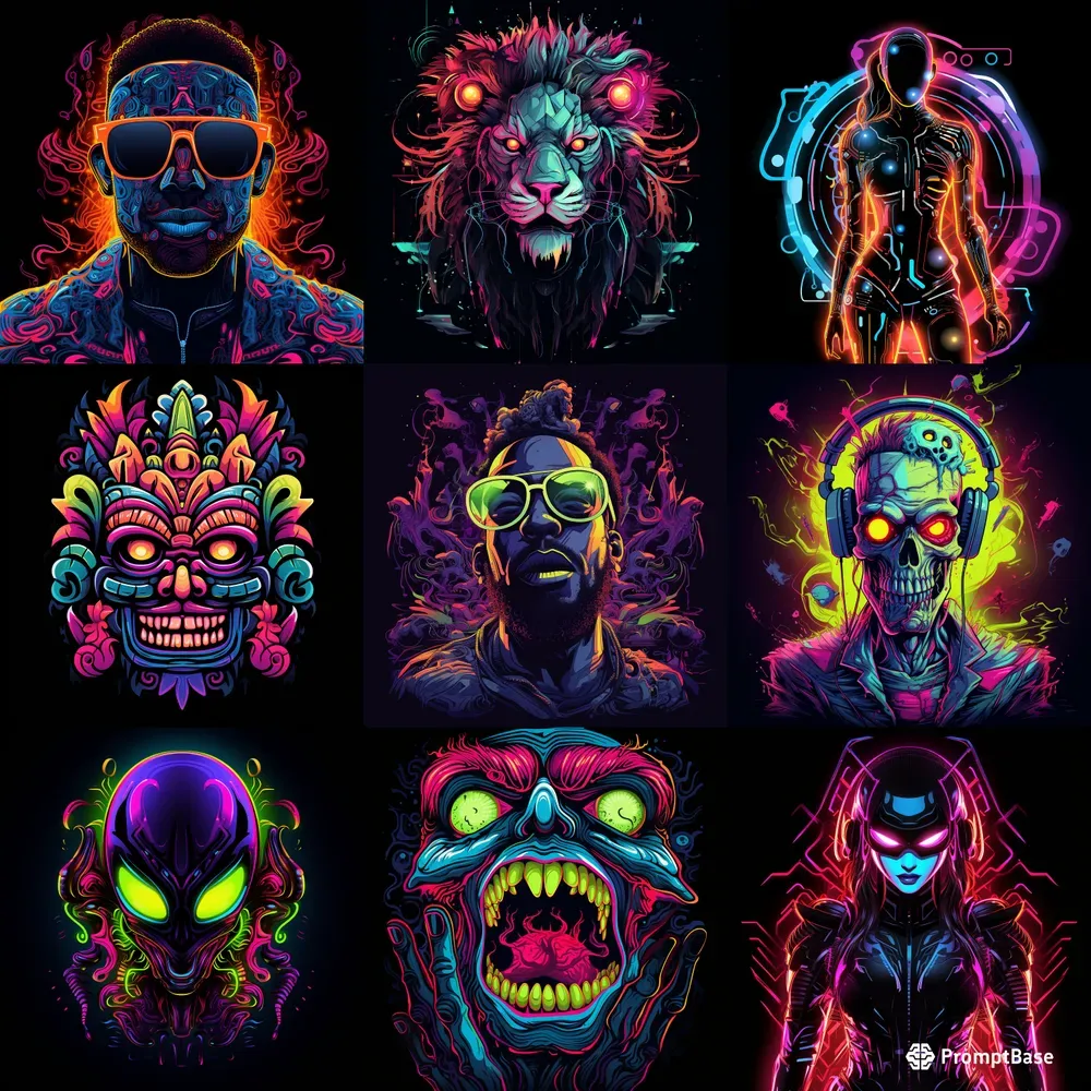 Line Art Neon Doodle Monsters Art Midjourney Prompt | PromptBase