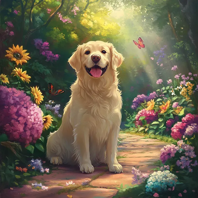 Charming Dogs In Whimsical Garden Paths Midjourney Prompt | PromptBase