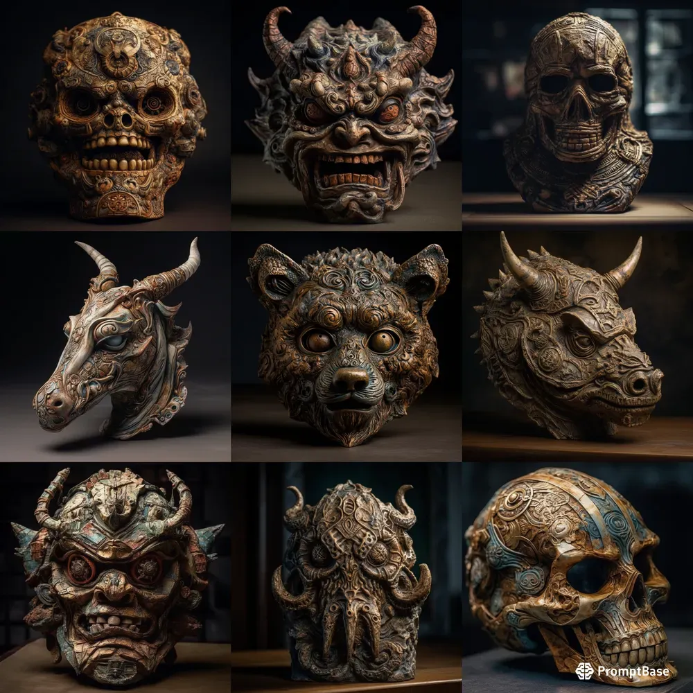 Sculptural Mask Designs For Stories Midjourney Prompt | PromptBase