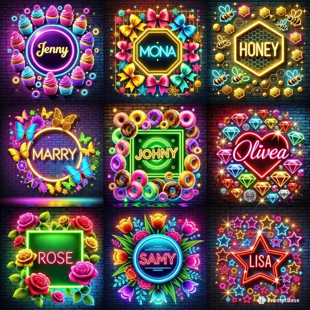 Bright Bold Vibrant Neon Name Designs DALL·E Prompt | PromptBase