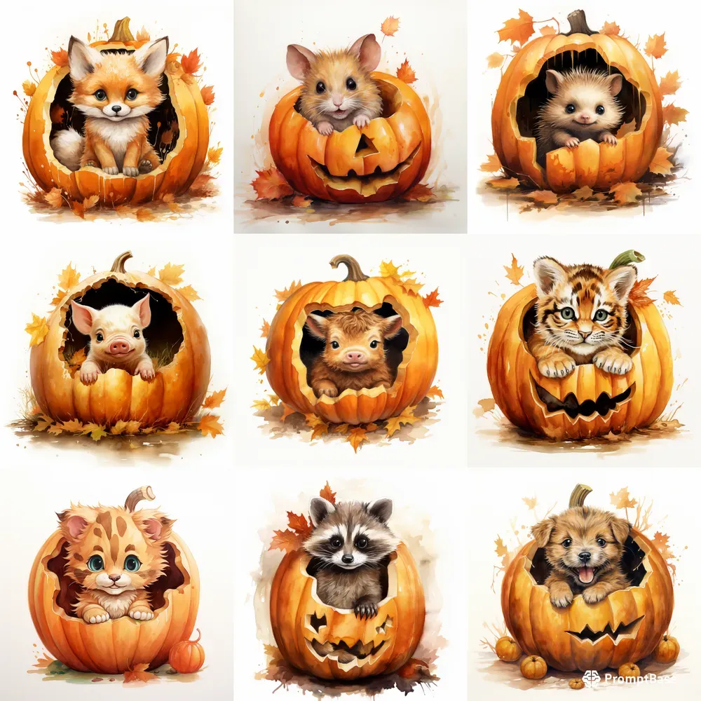 Cute Baby Animals Inside Pumpkins Midjourney Prompt | PromptBase