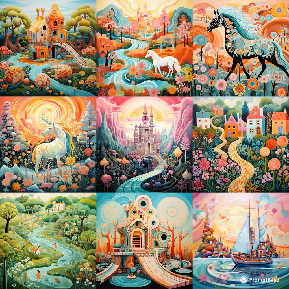Kids Illustrations Psychedelic Folk Art Midjourney Prompt | PromptBase