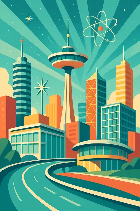 Retro Atomic Age Illustration Studios ChatGPT Image Prompt | PromptBase