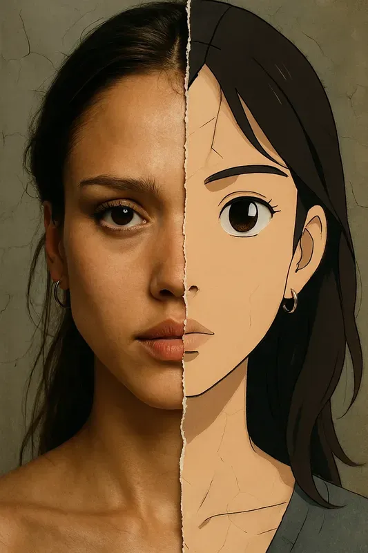 Split Realities Faces In Dual Worlds ChatGPT Image Prompt | PromptBase