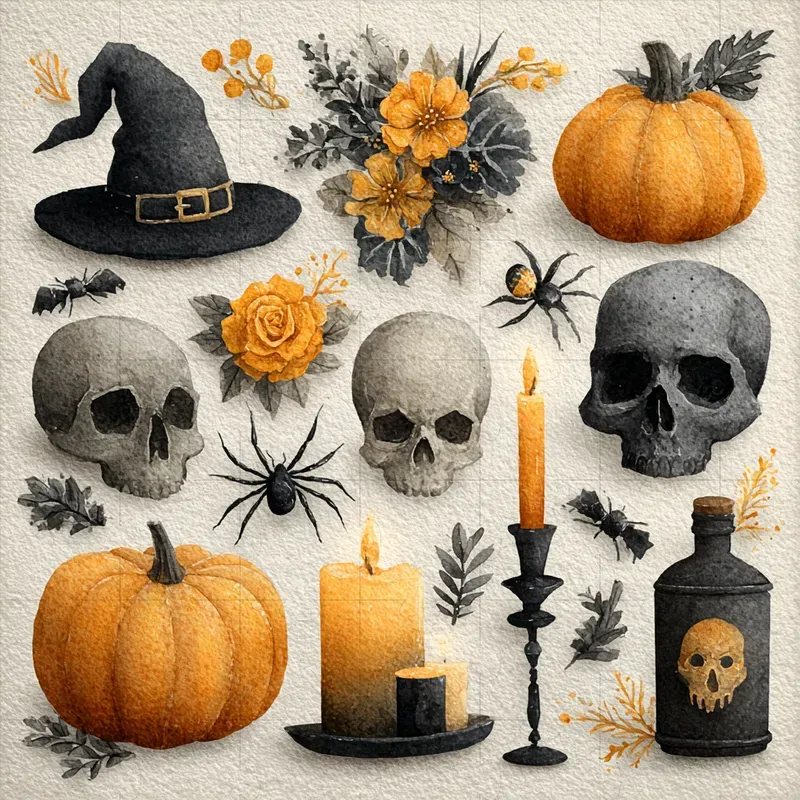 Spooky Halloween Watercolor Clipart Midjourney Prompt | PromptBase