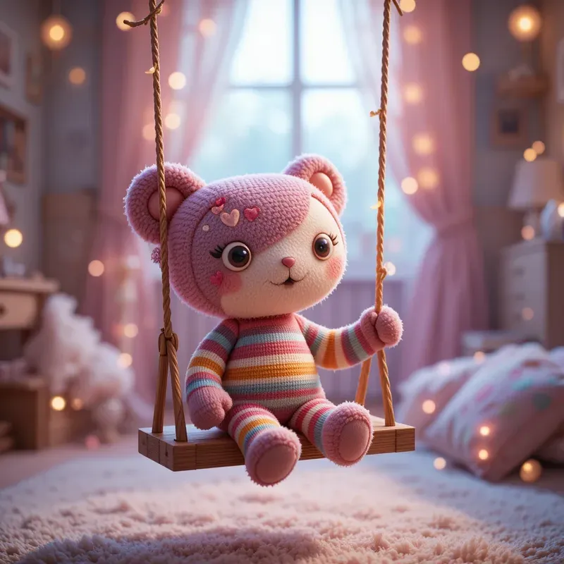 Whimsical Plush Toys On Swing Cozy Room ChatGPT Image Prompt | PromptBase