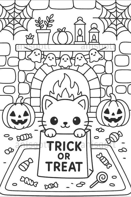 Cozy Spooky Cats Halloween Coloring Pages ChatGPT Image Prompt | PromptBase