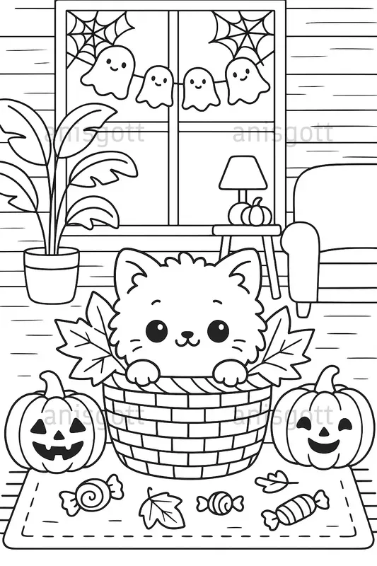 Cozy Spooky Cats Halloween Coloring Pages ChatGPT Image Prompt | PromptBase