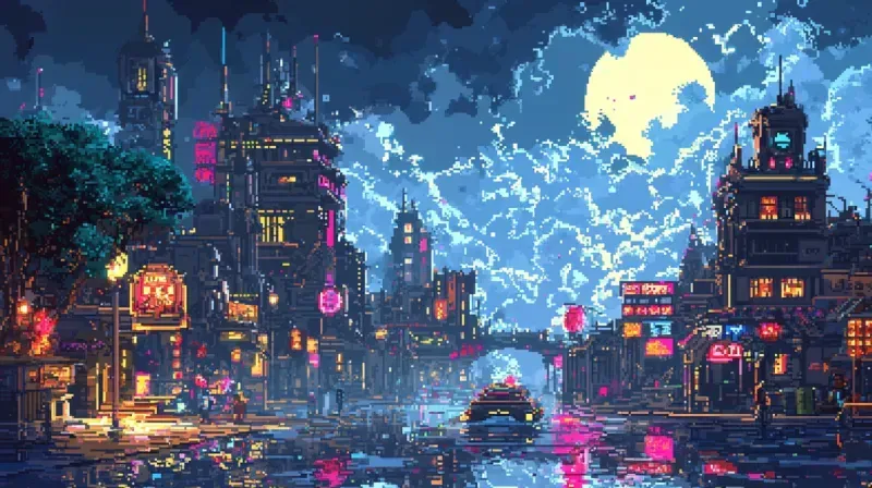 Futuristic Pixel Art Cities At Night Midjourney Prompt | PromptBase