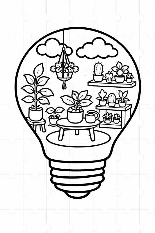 Light Bulb Cozy Scene Coloring Pages ChatGPT Image Prompt | PromptBase