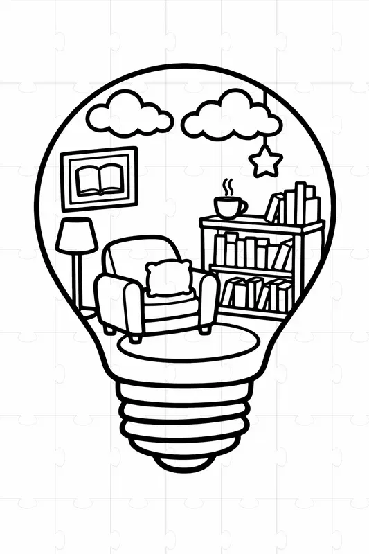 Light Bulb Cozy Scene Coloring Pages ChatGPT Image Prompt | PromptBase