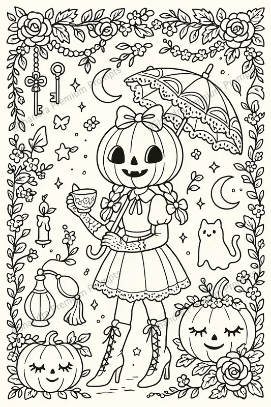 Coquette Halloween Coloring Book Pages ChatGPT Image Prompt | PromptBase