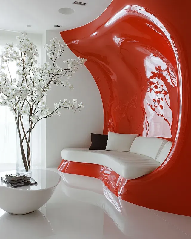 Modern Curved Red Interiors Midjourney Prompt | PromptBase