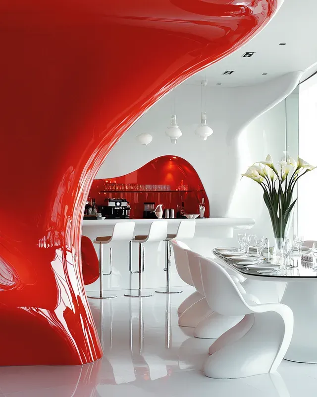 Modern Curved Red Interiors Midjourney Prompt | PromptBase