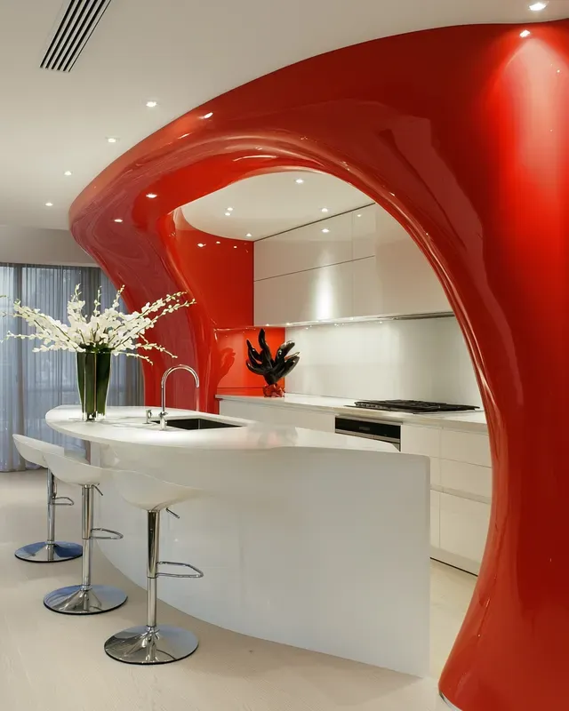 Modern Curved Red Interiors Midjourney Prompt | PromptBase