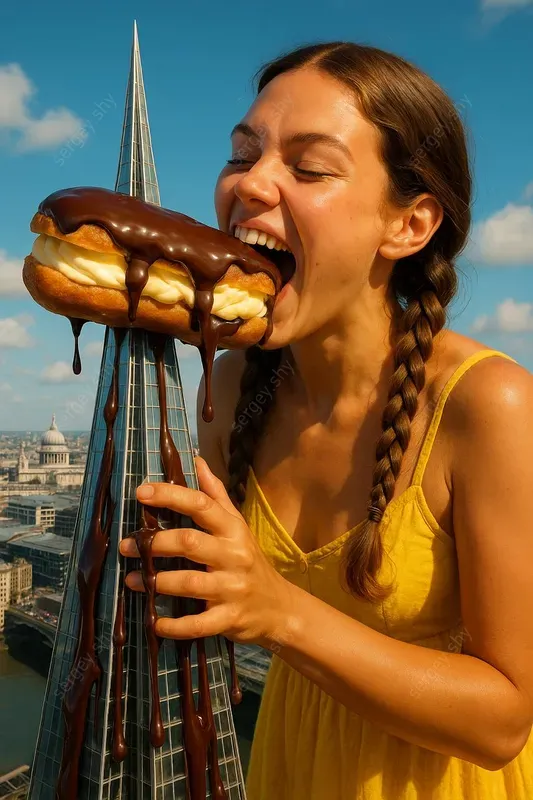Giant Humans Eating Desserts In Cities ChatGPT Image Prompt | PromptBase