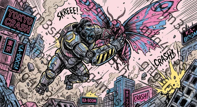 Kaiju Battle Ink Comics Gemini Image Prompt | PromptBase