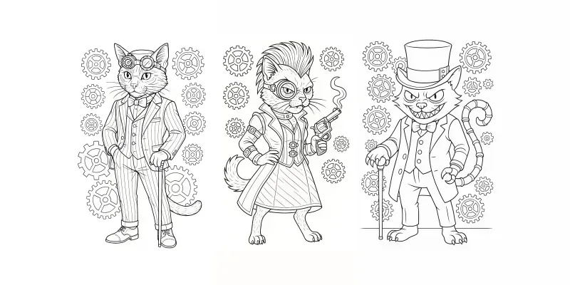 Steampunk Cats Coloring Pages Generator App | PromptBase