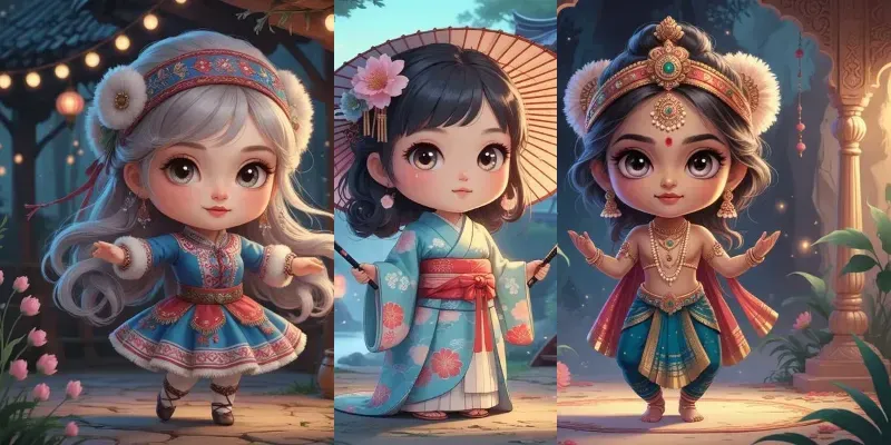 Whimsical Chibi Characters In Cultures Generator App | PromptBase
