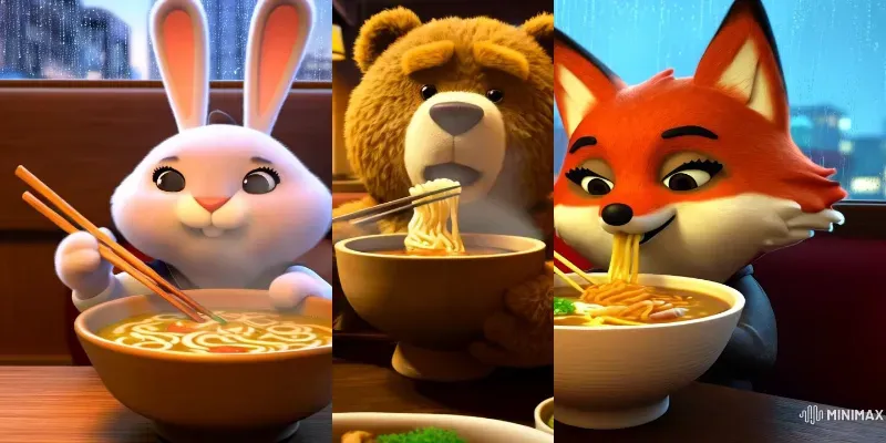 Adorable Plush Animals Enjoying Ramen Hailuo AI Prompt | PromptBase
