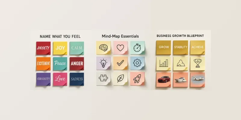 Sticky Note Icon Grid Designs Generator App | PromptBase