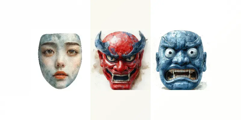 Exquisite Noh Theater Masks Watercolors Generator App | PromptBase