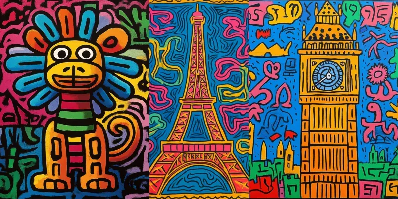 Famous Landmarks In Keith Haring Style Generator App | PromptBase