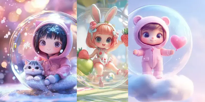 Cute 3d Chibi Characters In Bubbles Generator App | PromptBase