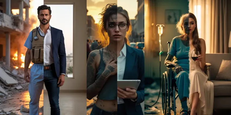 One Character Two Roles Collage Generator App | PromptBase