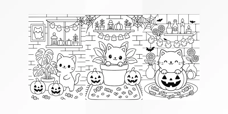 Cozy Spooky Cats Halloween Coloring Pages ChatGPT Image Prompt | PromptBase