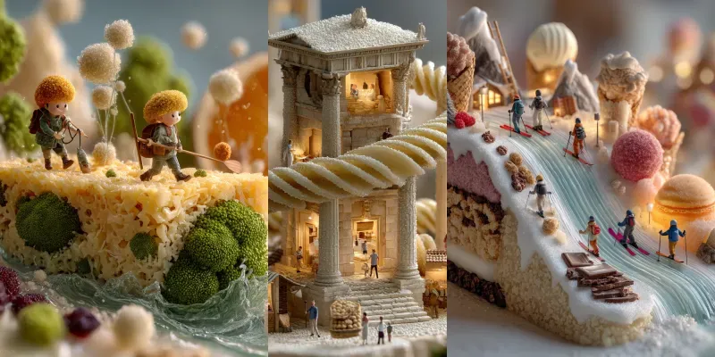 Edible Worlds Surreal Food Diorama Generator App | PromptBase