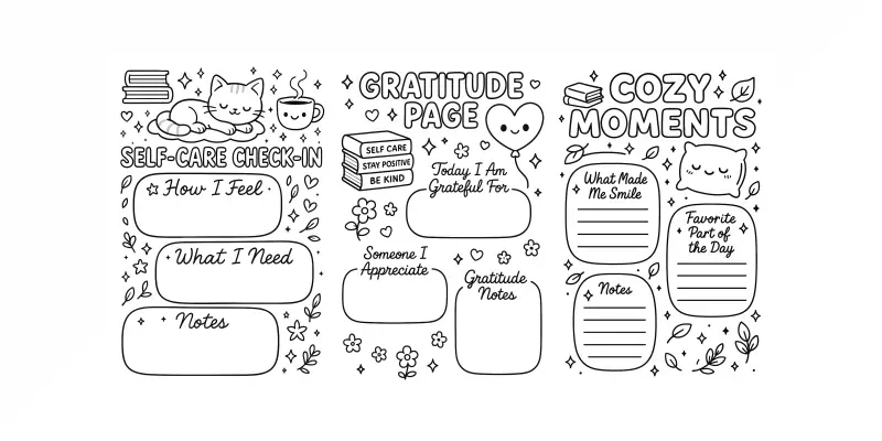 Cute Selfcare Journal Coloring Pages Generator App | PromptBase