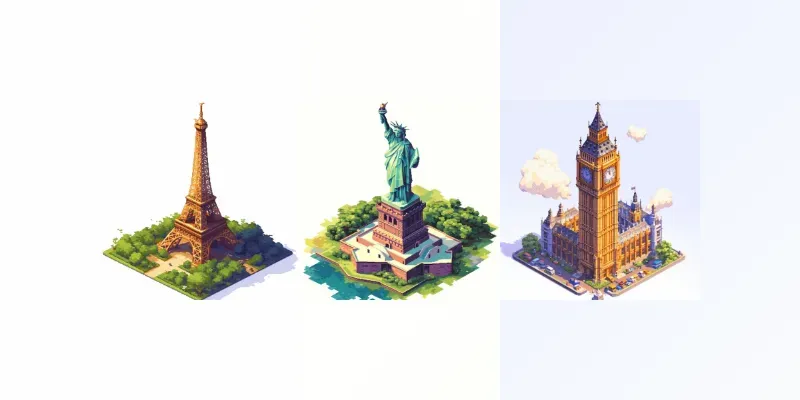 Isometric Pixel Art Landmarks Generator App | PromptBase