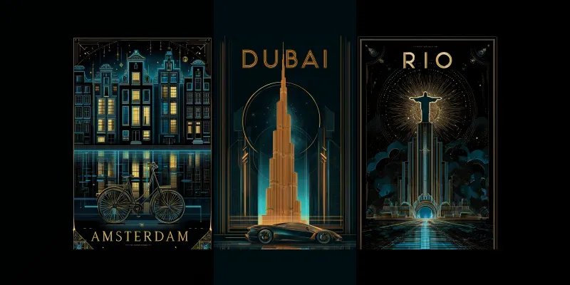 Neon Art Deco Travel Posters Generator App | PromptBase